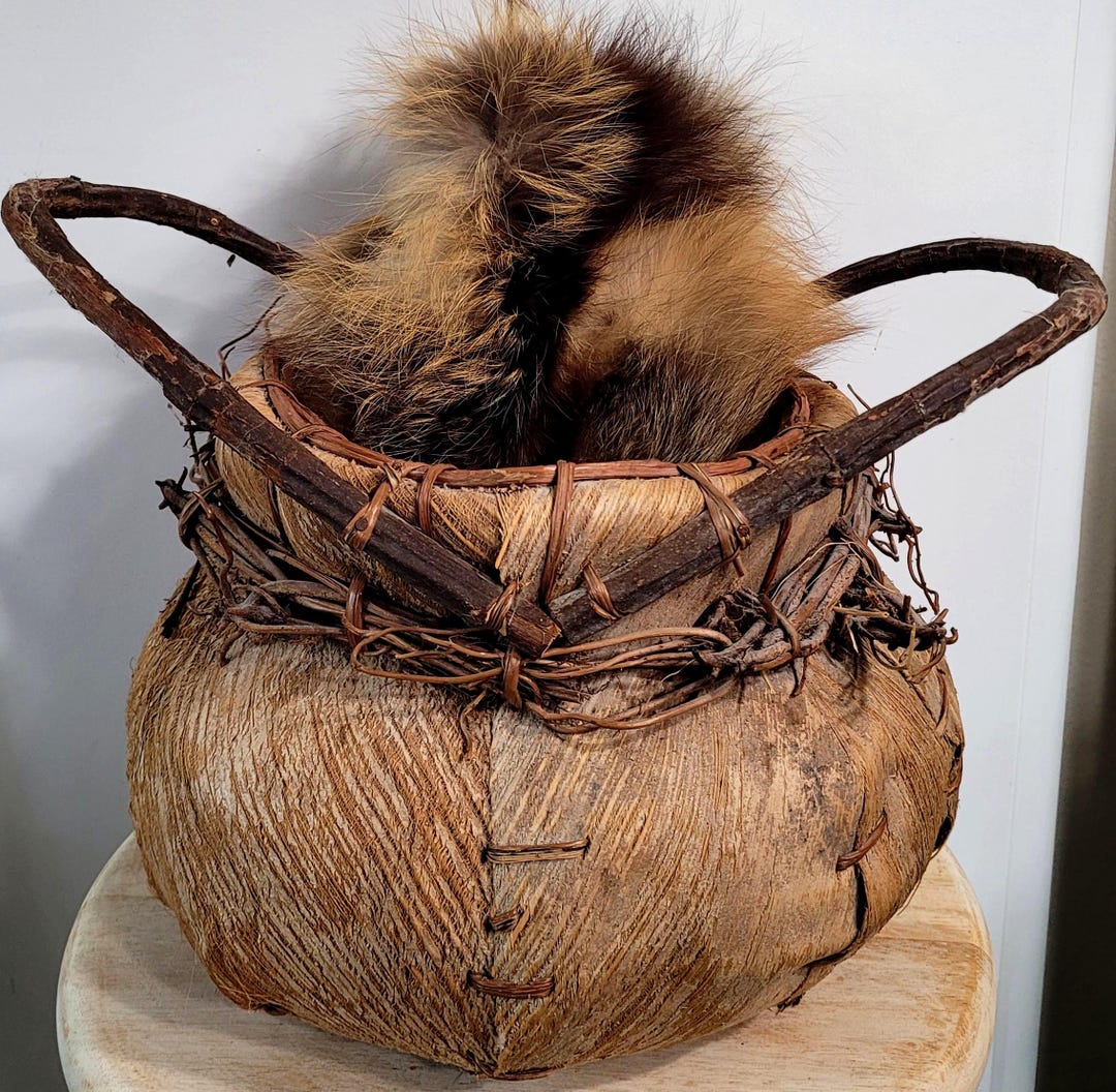 Vintage Native Alaskan Athabascan Birch Bark Basket W/ Willow Handles ...