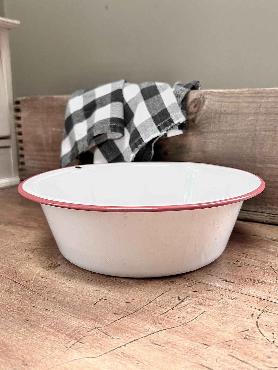 Vintage Small White Graniteware Basin With Red Trim Red and White ...