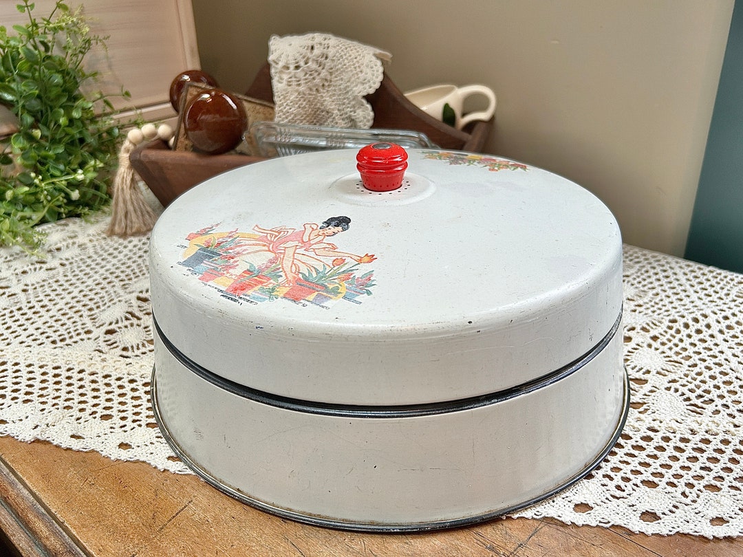 Vintage Painted Metal Cake Cover With Woman Tending Flowers | Whimsical ...