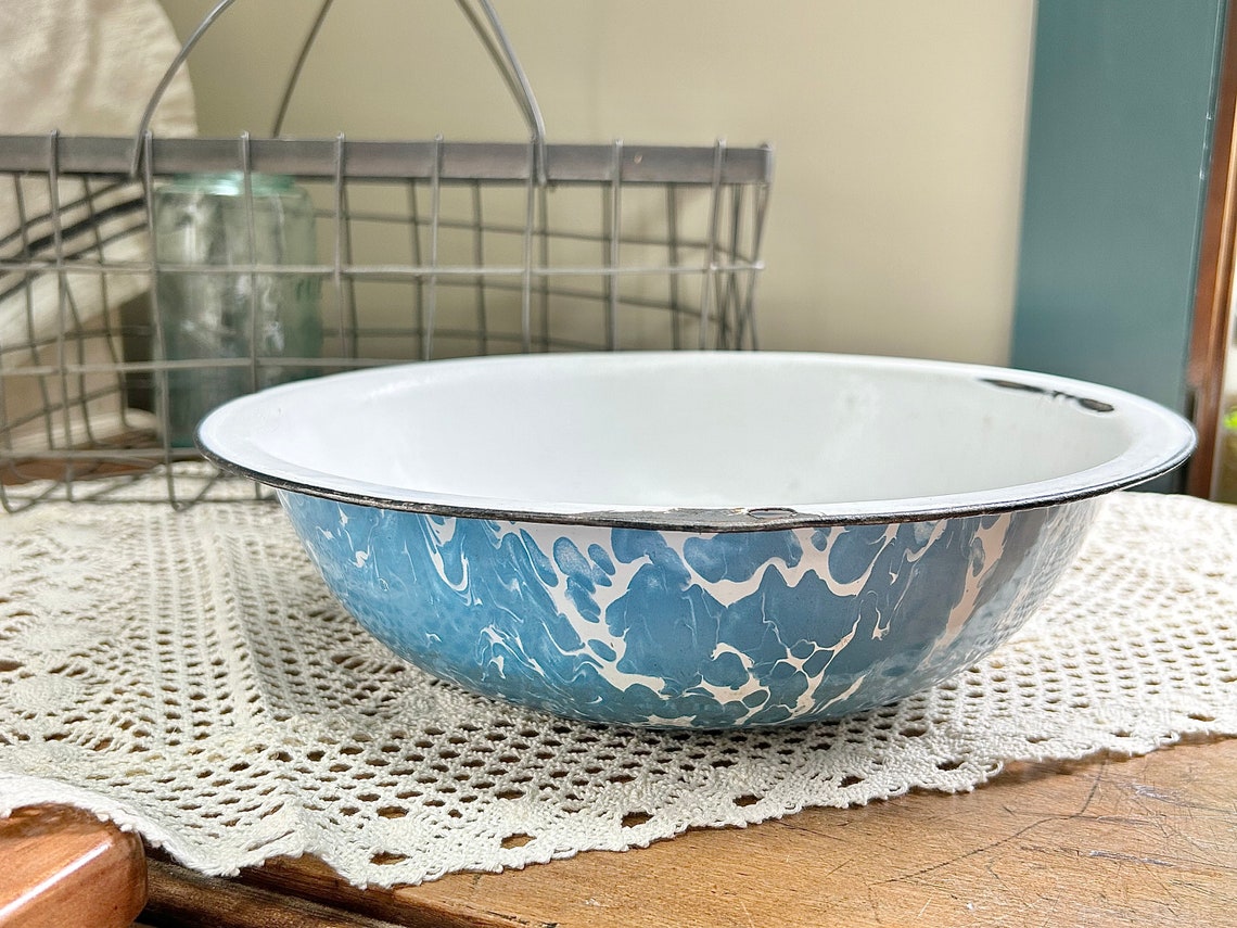 Vintage Graniteware Basin - Blue Swirl Enamelware - Farmhouse Decor - Etsy