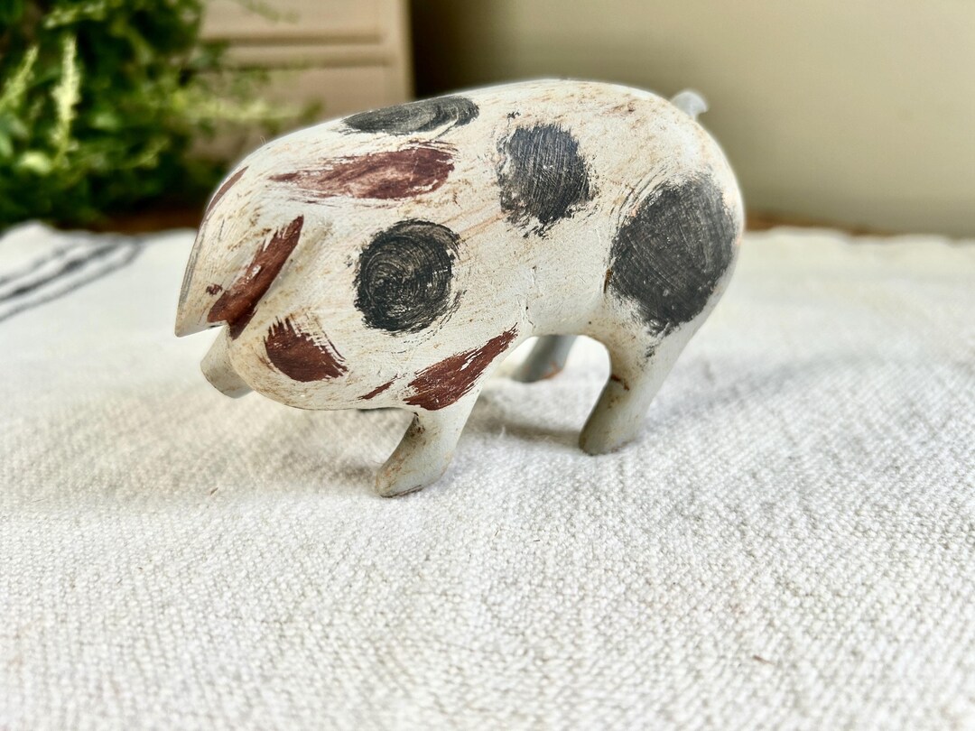 Carved Wooden Folk Art Pig Figurine | Primitive Spotted Pig Figure ...