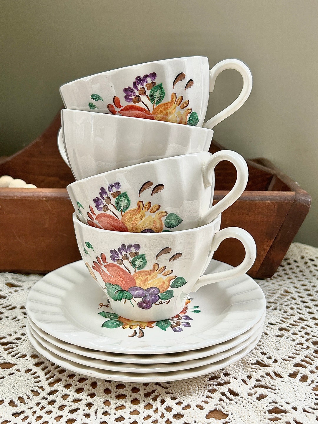 Vintage Knowles China Teacup and Saucer Set: Fruit Floral Tea Party ...