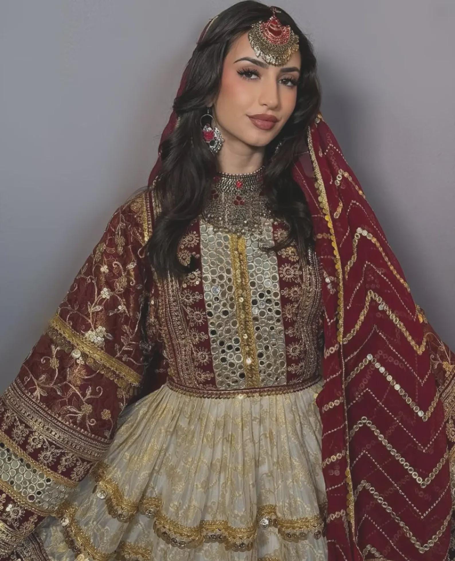 Handmade Afghan Dress: Embroidered Jamawar Fabric Outfit With Scarf ...
