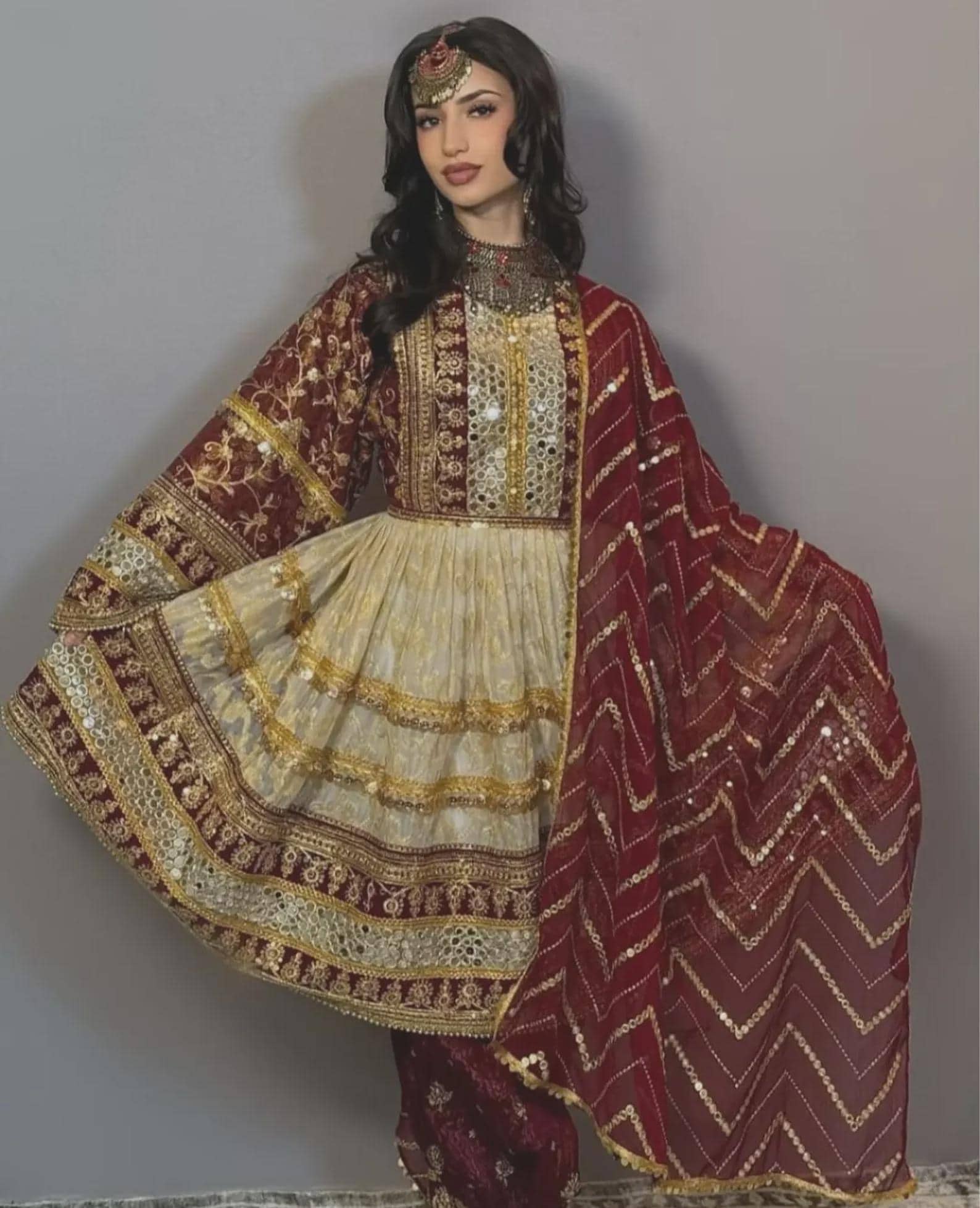 Handmade Afghan Dress: Embroidered Jamawar Fabric Outfit With Scarf ...