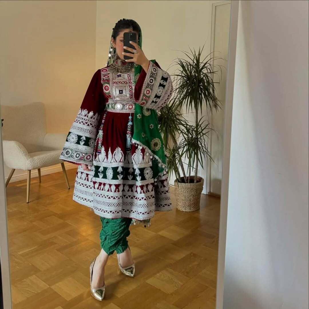 Afghan Kuchi Dress | Traditional Handmade Embroidered Velvet | Green ...