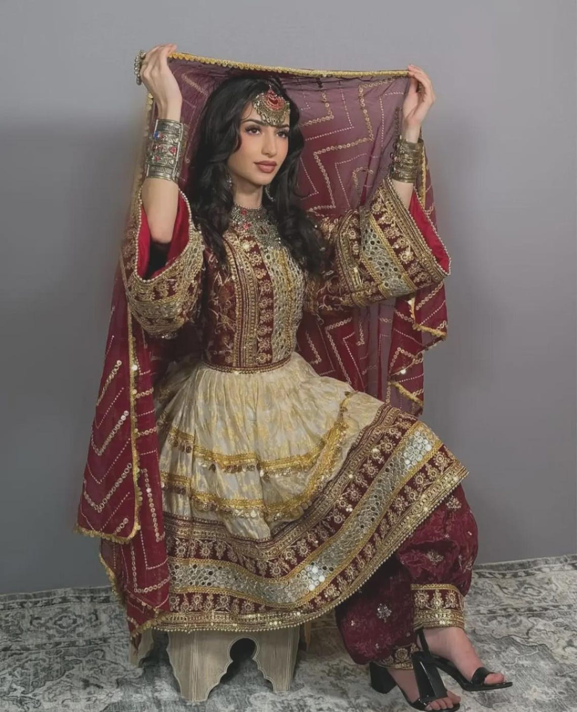 Handmade Afghan Dress: Embroidered Jamawar Fabric Outfit With Scarf ...