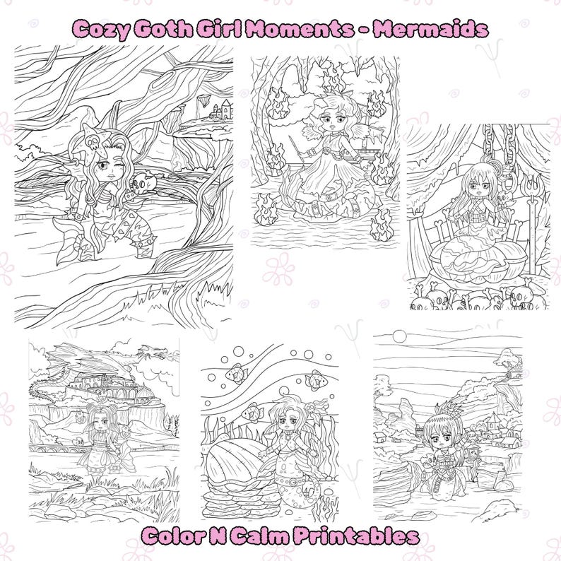Gothic Mermaid Coloring Pages | Cozy Dark Fantasy Bundle (15 Designs ...