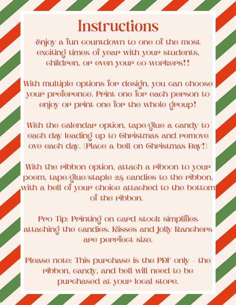 Christmas Countdown Poem: Candy Ribbon / Calendar Activity (printable ...