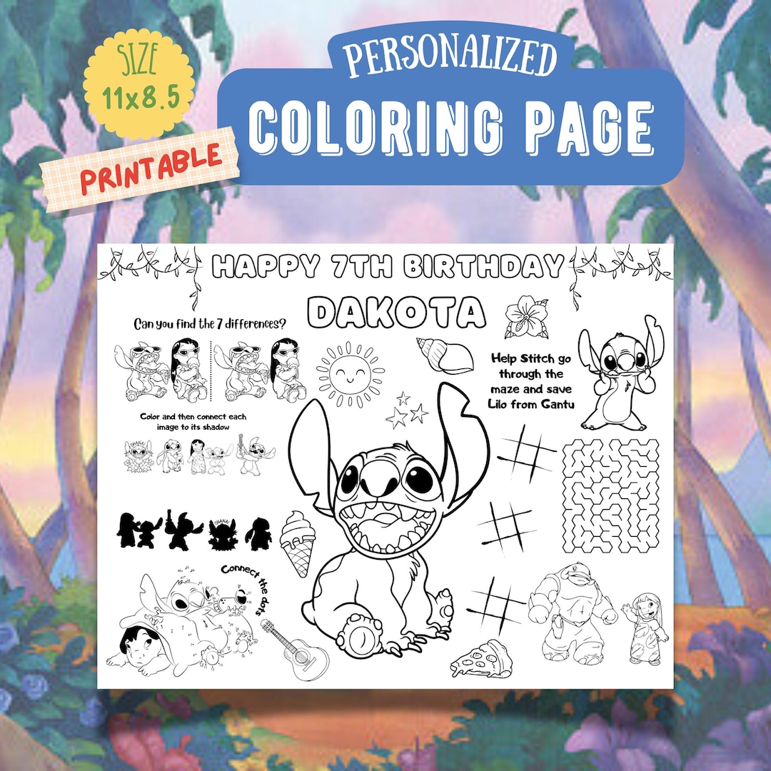 Stitch Birthday Coloring Page Placemat, Party Favors, Printable ...