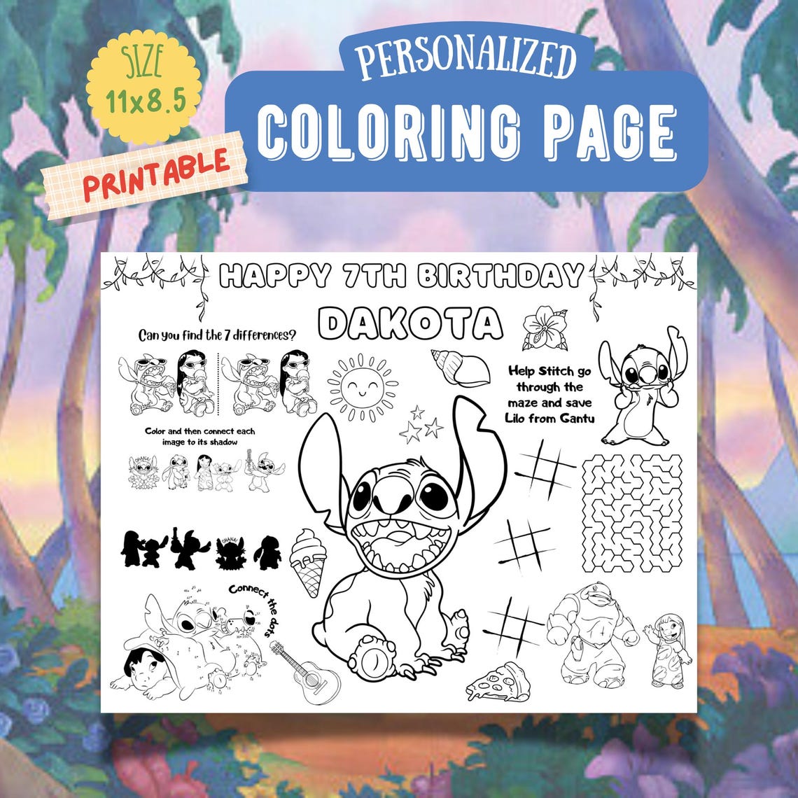 Stitch Birthday Coloring Page Placemat, Party Favors, Printable ...