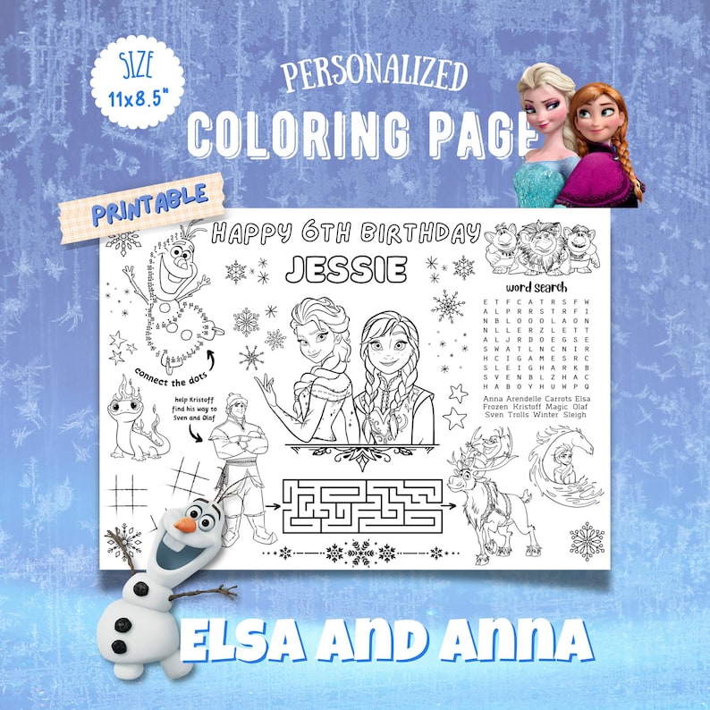 Frozen Birthday Coloring Page, Personalized Placemat, Party Favors ...