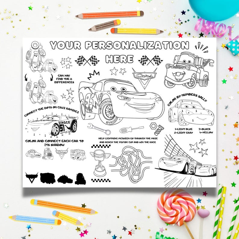 Cars Birthday Coloring Page, Lightning Mcqueen Party Favors ...