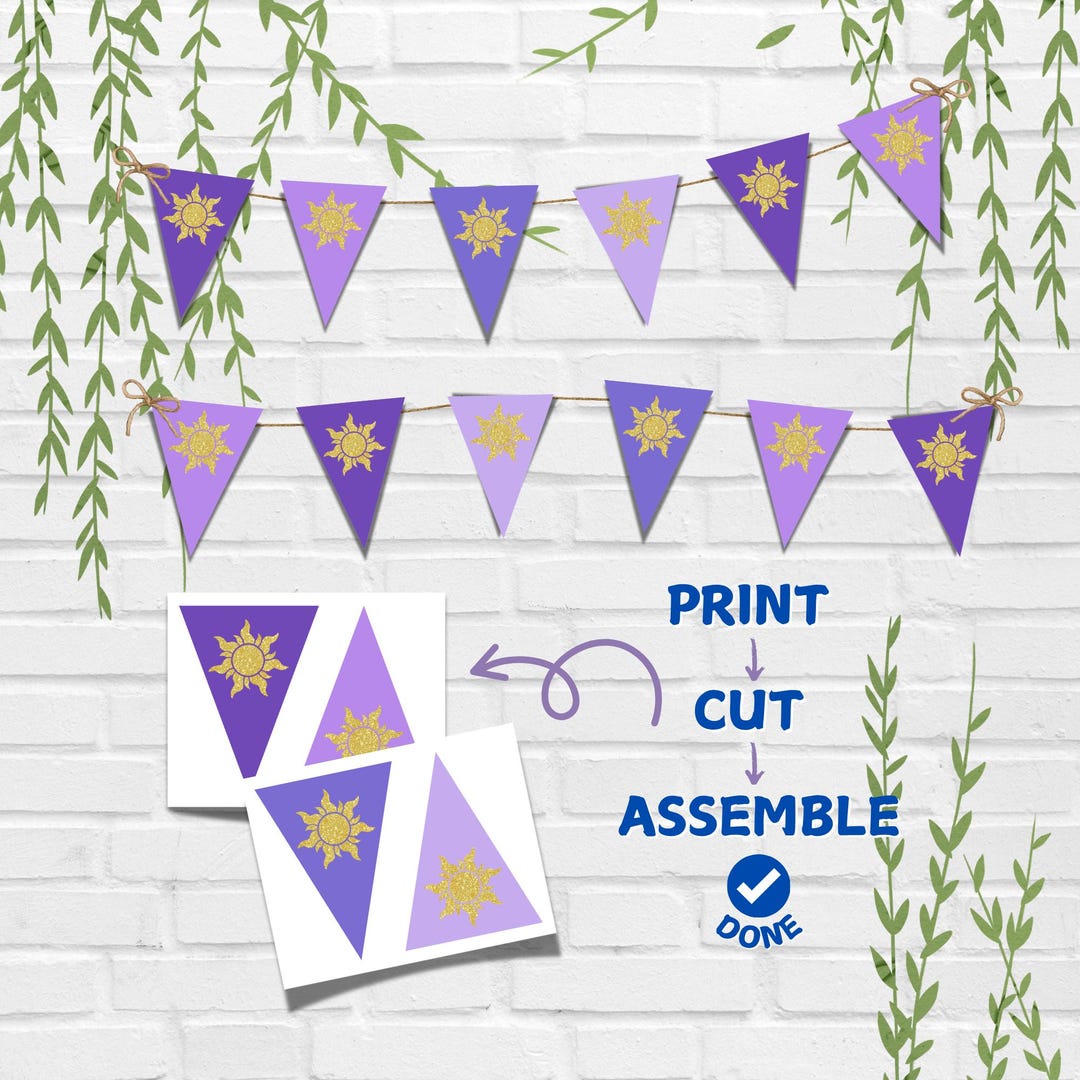 Tangled Flag Banner: Purple and Gold Sun Rapunzel Party Decor (instant ...