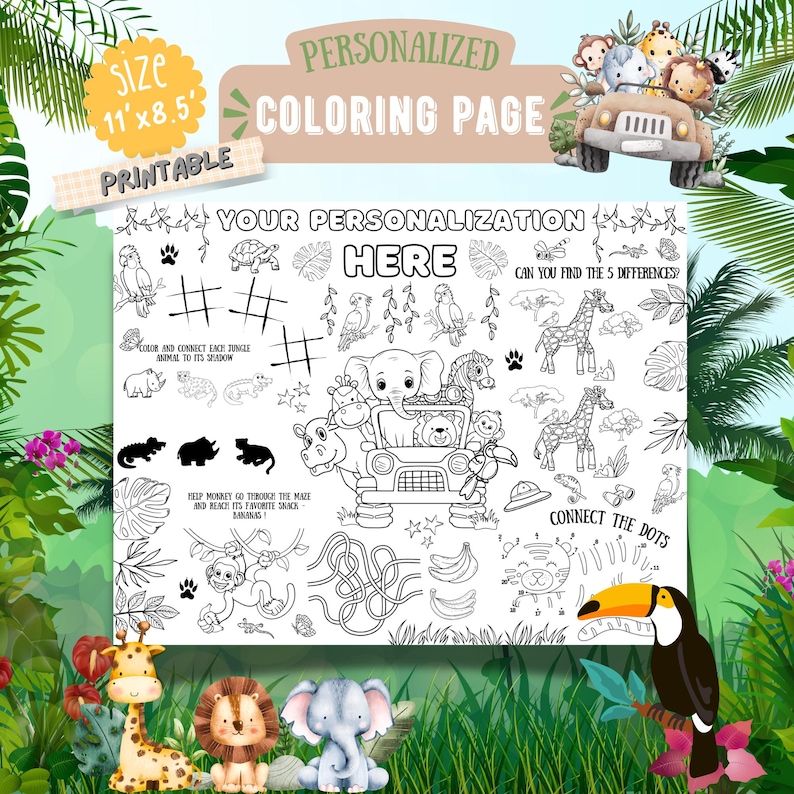 Safari Coloring Page, Wild On, Jungle Animals Activity Sheet, Printable ...