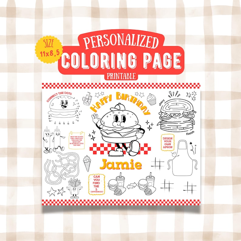 Burger Party Coloring Page, Printable Kids Activity Mat for Restaurant ...
