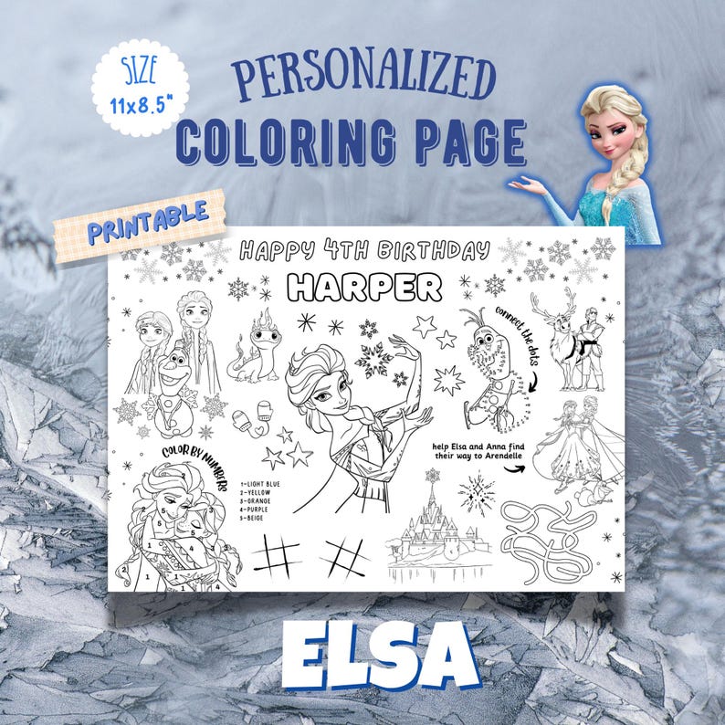 Elsa Frozen Birthday Coloring Page, Frozen Party Favors, Placemat ...