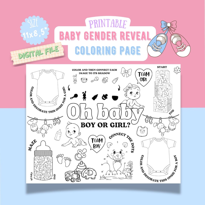 Baby Gender Reveal Coloring Page, Party Games - Etsy