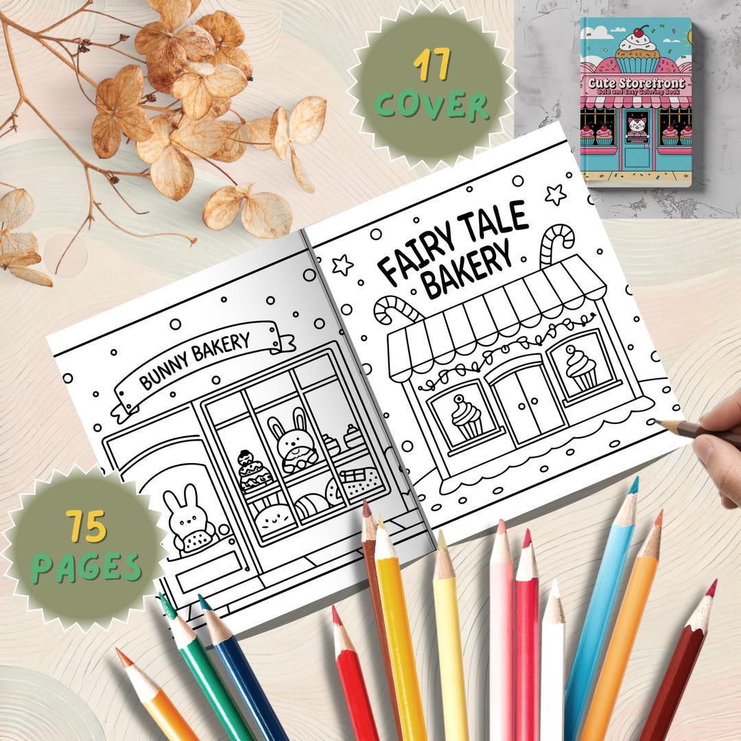 Cute Storefront Coloring Book, 75 Bold and Easy Pages + 11 Covers ...
