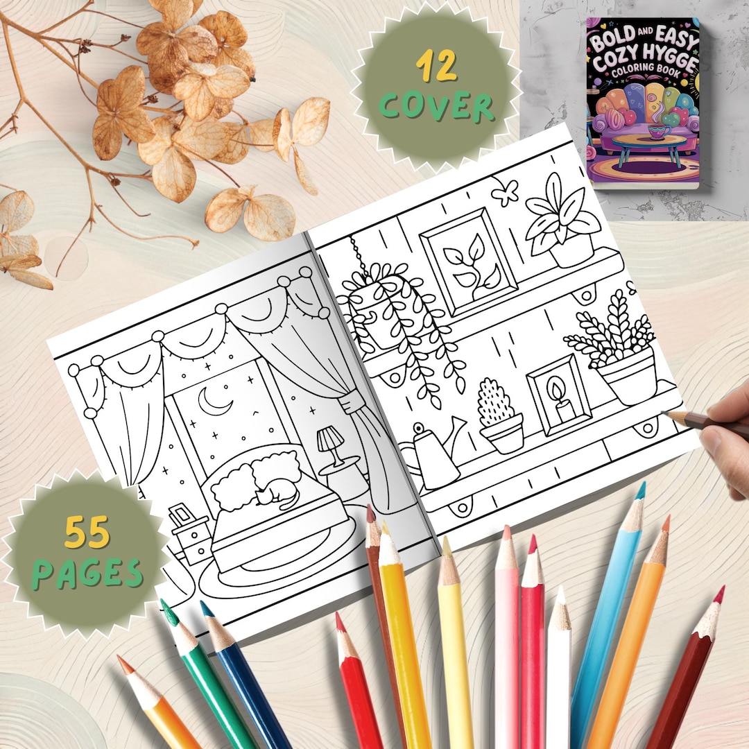 Bold & Easy Cozy Hygge Coloring Book, 55 Printable Bold-line PDF Pages ...