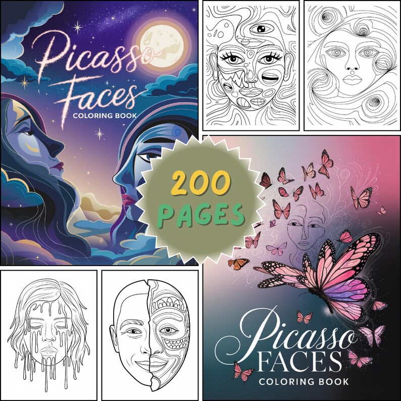 Picasso Faces Coloring Book, 200 Bold & Abstract PDF Pages + 40 Covers ...