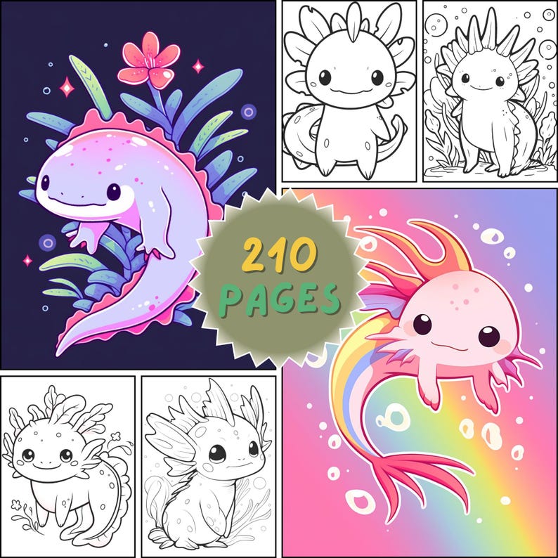 Axolotl Adventure Coloring Book, 210 Bold & Easy PDF Pages, 17 Cover ...