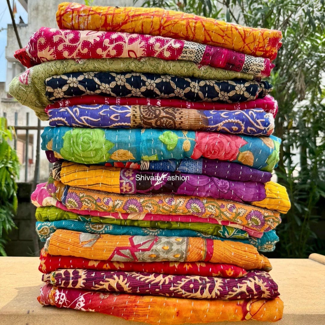 Indian Vintage Cotton Kantha Quilts Handmade Sari Kantha Throw Blankets ...