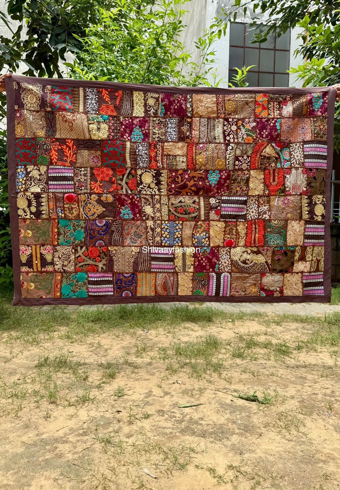 Indian Heavy Embroidered Wall Hanging Vintage Sari Zari Work Tapestry ...