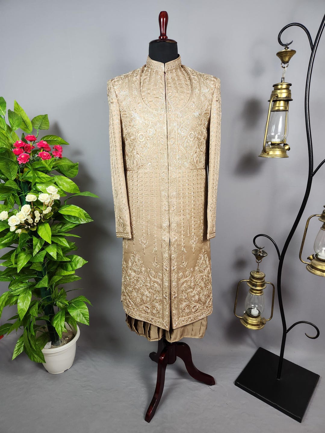 Golden Brown Wedding Sherwani for Men : Hand-embroidered Indian Groom ...