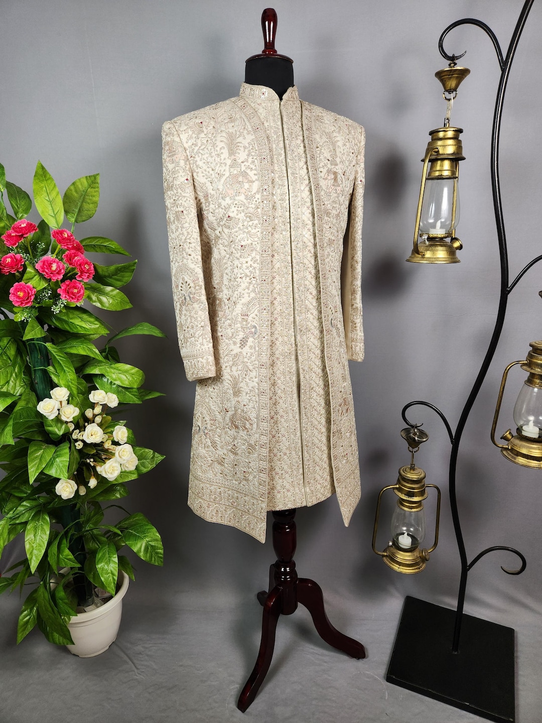 Light Golden Wedding Sherwani for Men : Peacock Design, Hand ...