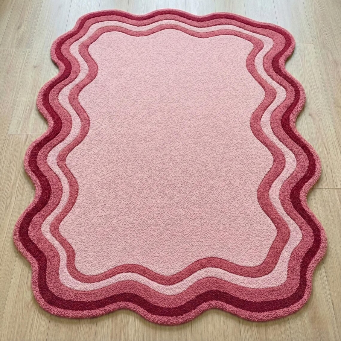 Pink Wavy Wool Hand Tufted Rug – Modern Retro Wiggle Area Rug, Soft ...