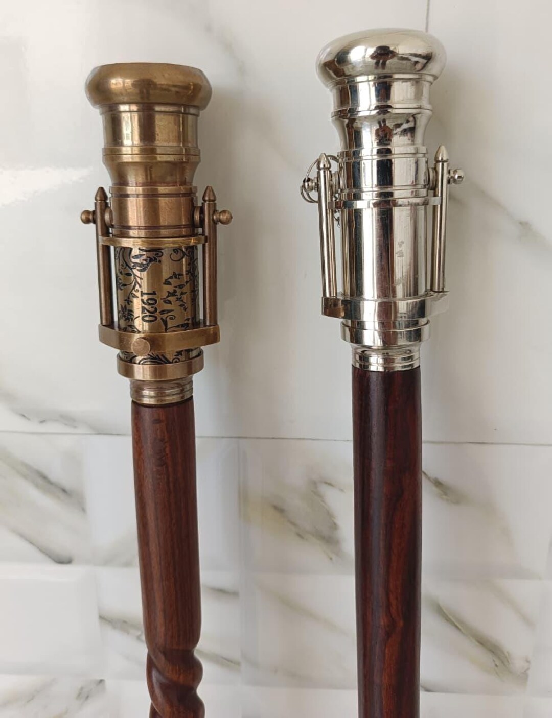 Vintage Telescope Handle Walking Sticks: Brass & Silver Gentleman's ...