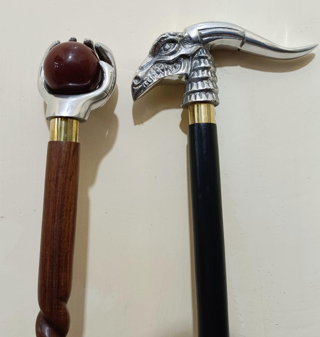 Set of 2 Fantasy Walking Canes | Silver Dragon Head & Hand Holding Ball ...