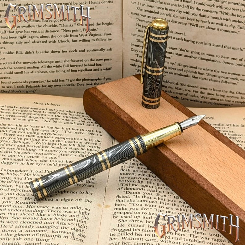 Luxury Damascus Steel Fountain Pen With Brass Inlay – Handmade ...