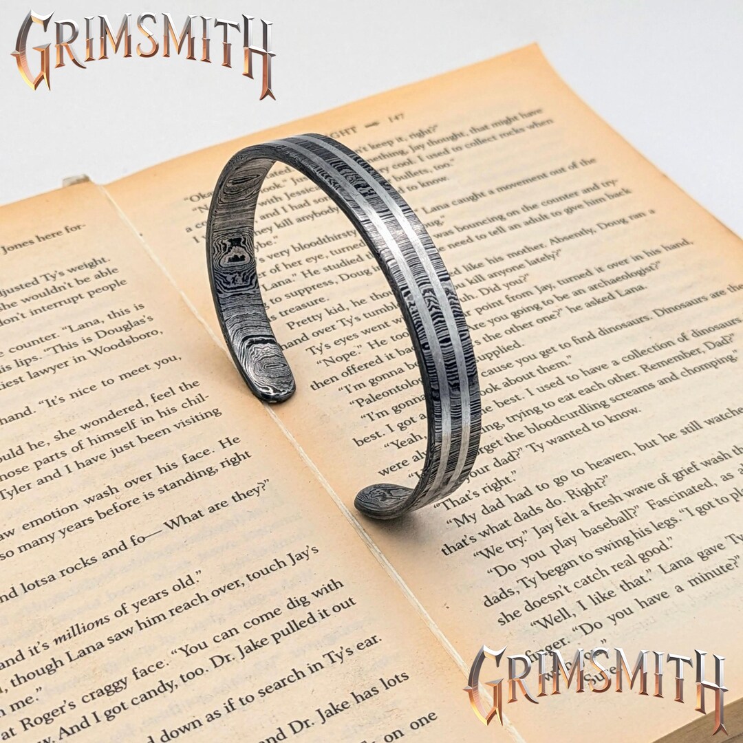 Hand Forged Damascus Steel Cuff Bracelet With Double Aluminum Inlay ...