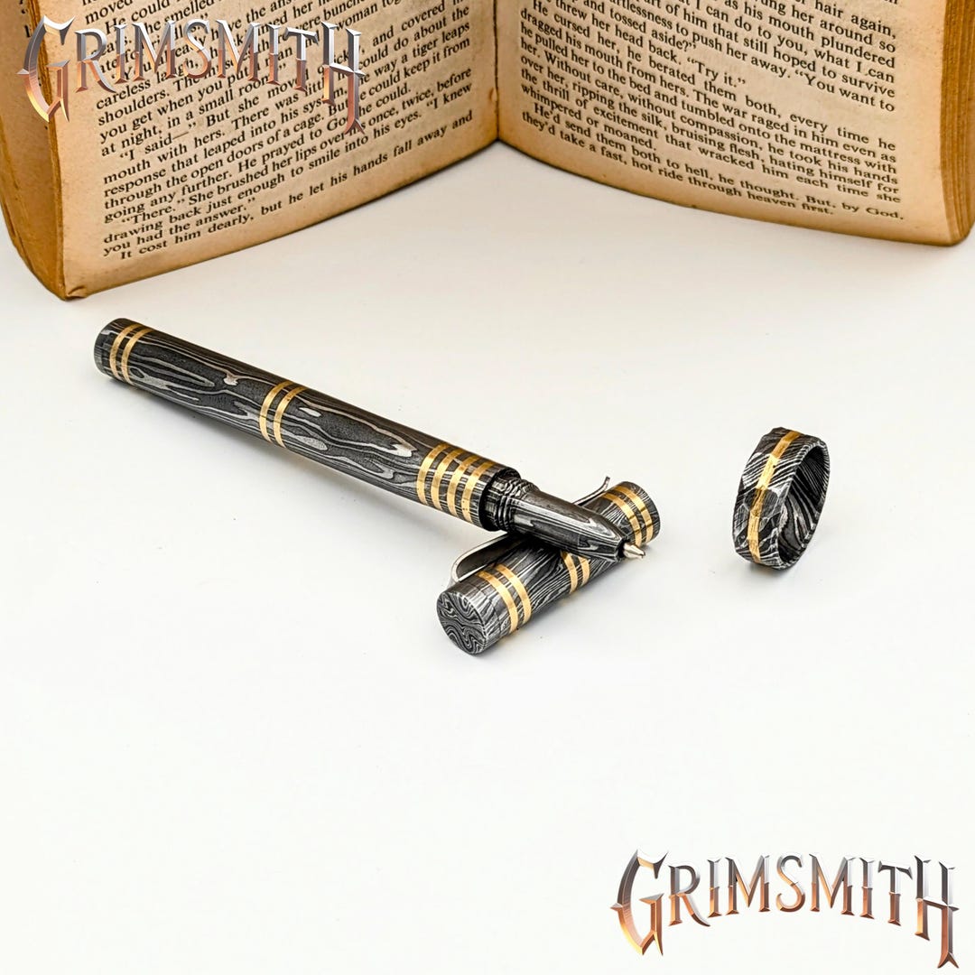 Handmade Damascus Steel Pen & Hammered Damascus Ring With Brass Inlay ...