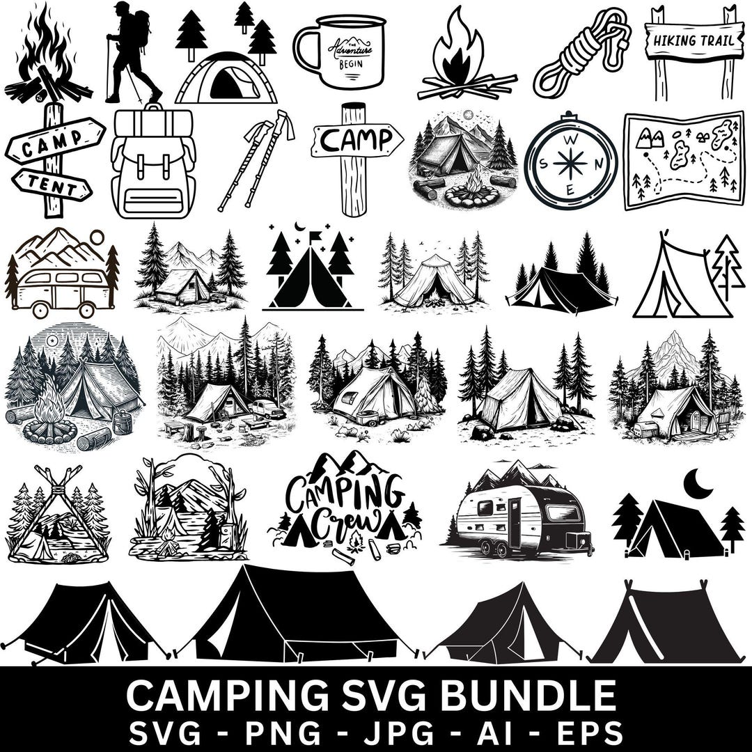 Camping SVG Clipart Mega Bundle, Campfire, Tent, RV Designs (digital ...