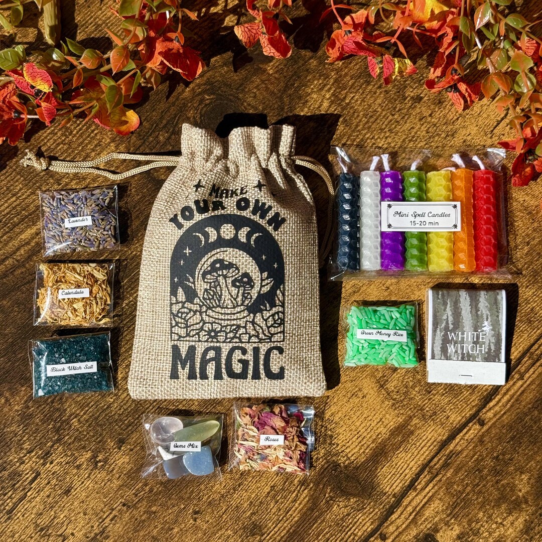 Beginner Witch Gift Spell Kit: Linen Pouch, Beeswas Candles, Black Salt ...
