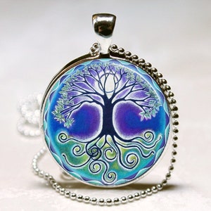 Tree of Life Necklace Full Moon Blue and Green Art Pendant in Bronze or ...