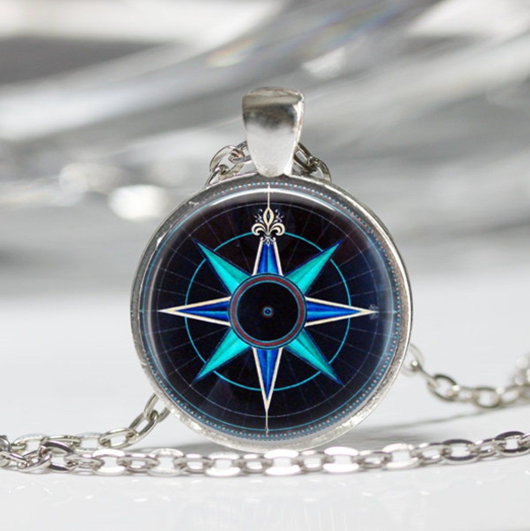 Compass Rose Necklace Nautical Jewelry Navy Blue and Aqua Art Pendant ...