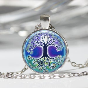 Tree of Life Necklace Full Moon Blue and Green Art Pendant in Bronze or ...