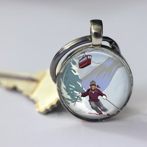 Skier Keychain Vintage Ski Travel Poster Skiing Chairlift Key Chain Key ...