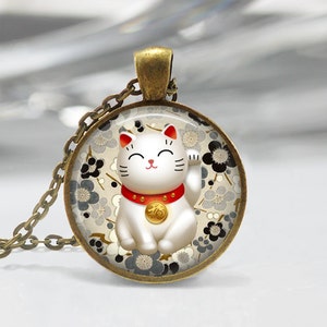 Lucky Cat Necklace Black and Grey Maneki Neko Japanese Chiyogami Art ...