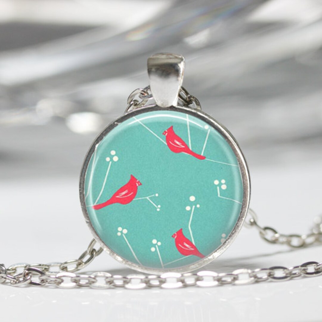Red Cardinals on Aqua Background Bird Necklace Christmas Jewelry Art ...
