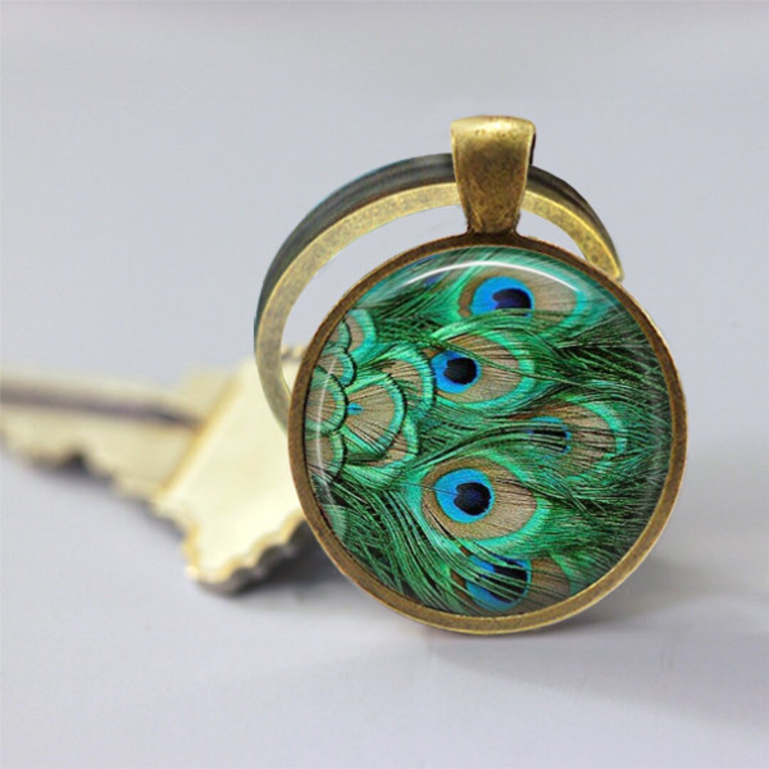 Peacock Feathers Key Chain, Peacock Key Ring, Bird Feathers, Blue and ...