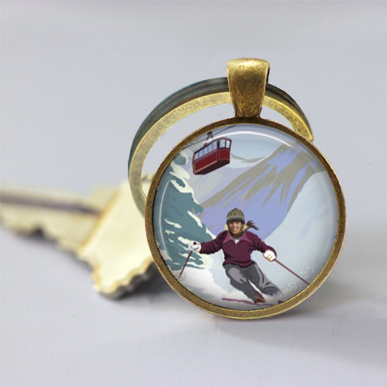 Skier Keychain Vintage Ski Travel Poster Skiing Chairlift Key - Etsy