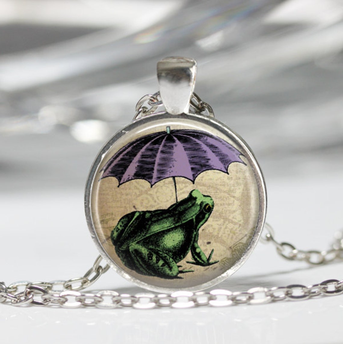 Frog Necklace Green Toad with Purple Umbrella Fairy Tale Art | Etsy