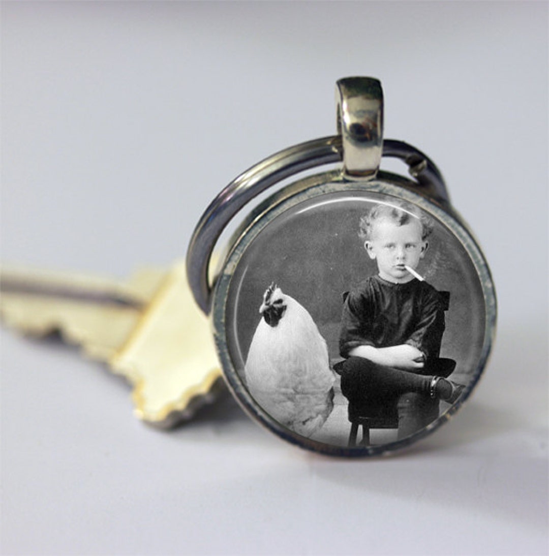 Antique Photo Keychain Cigarette Smoking Boy With Chicken Vintage ...