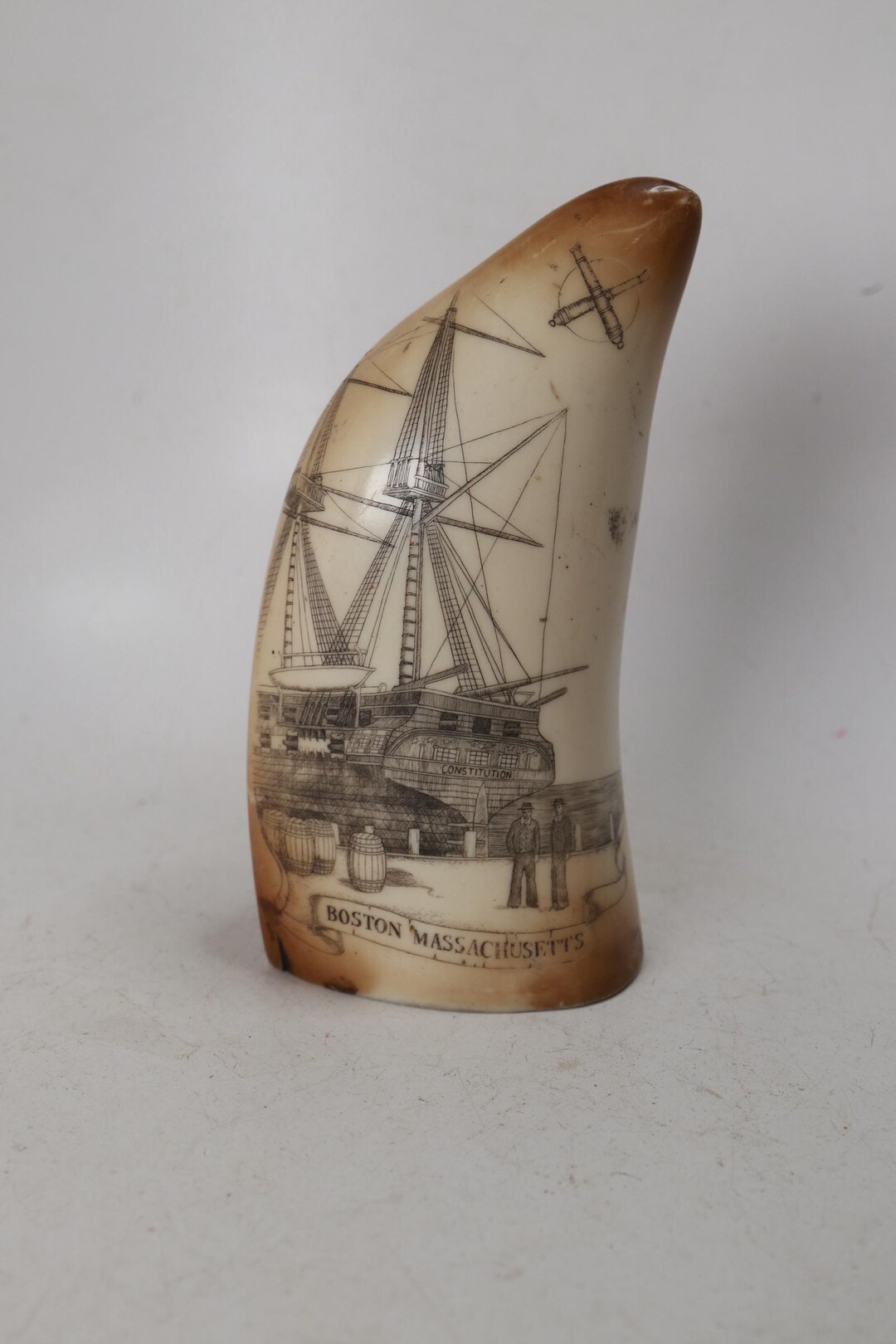 Vintage Reproduction Scrimshaw Whale Tooth - Faux Resin Whale Tooth ...