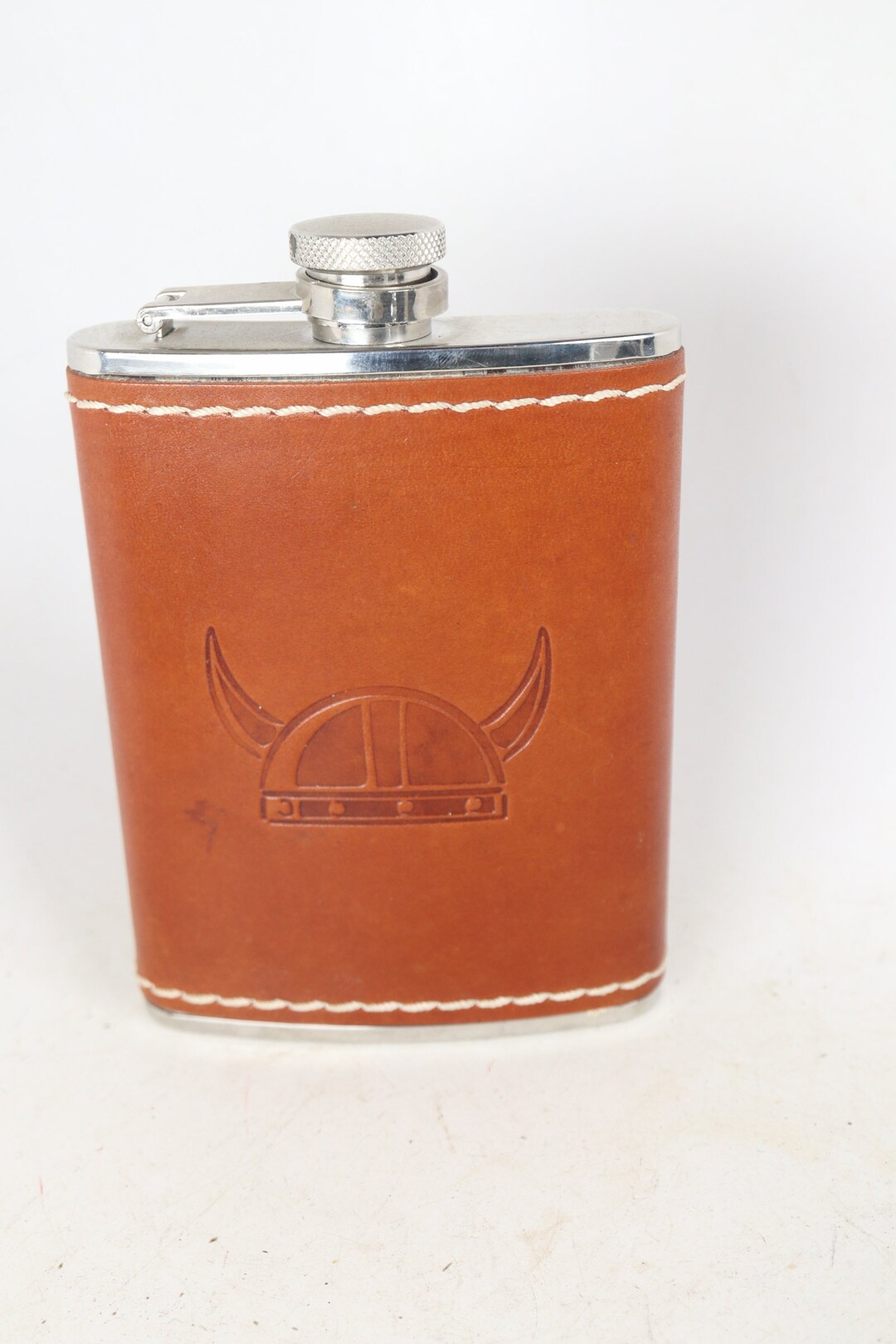 Vintage Leather Clad Flask Viking Helmet 6 Ounces Stainless Steel Hip ...