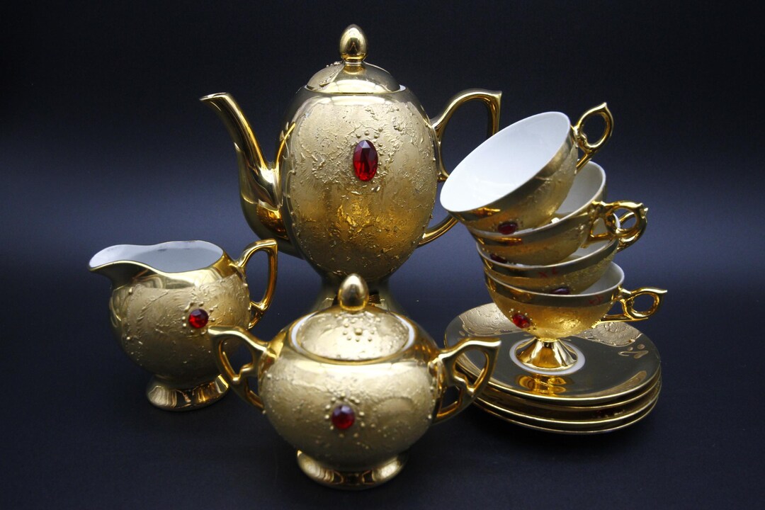 Vintage Rieber & Co. Tea Set: Bavaria Gold Lustre, Red Jewel, 13-piece ...
